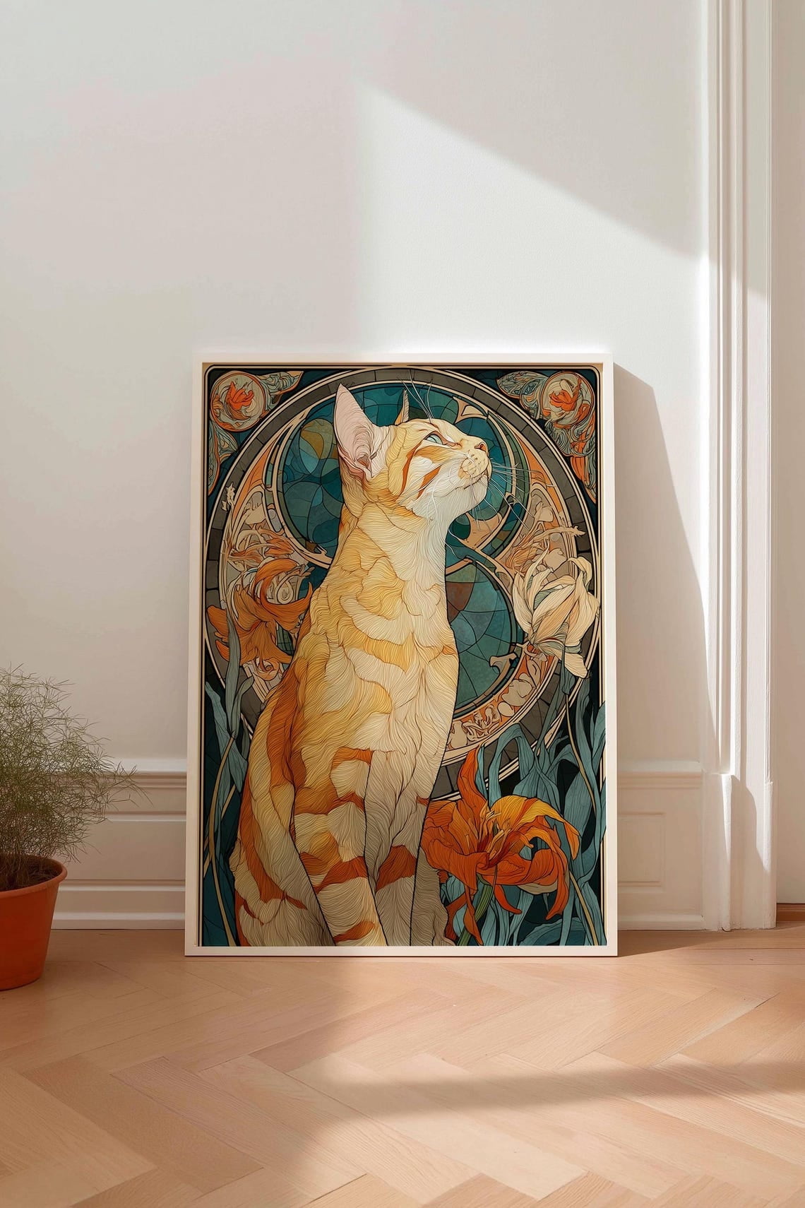 Art Nouveau Cat Print Elegant Orange Tabby Vintage Floral Print Home ...