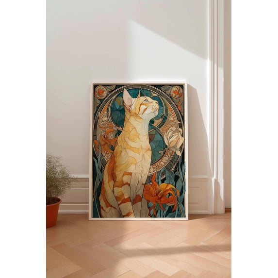 Art Nouveau Cat Print Elegant Orange Tabby Vintage Floral Print Home ...