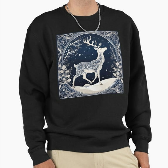 Art Nouveau Christmas Reindeer With Floral Design And Night Snow ...