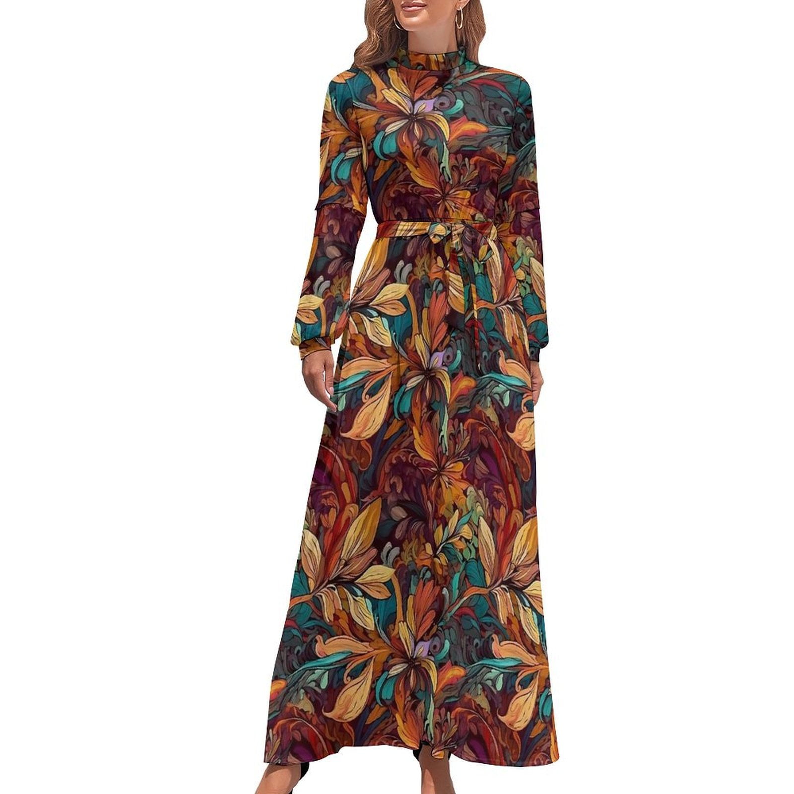 Art Nouveau Dress Long-Sleeve Abstract Floral Vintage Maxi Dress High ...