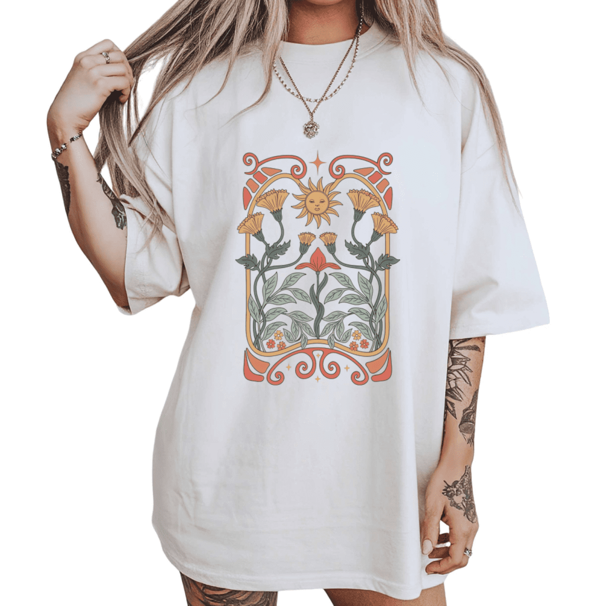 Art Nouveau Floral Graphic Tees White S-5XL Boho Outfit Shirts Print ...