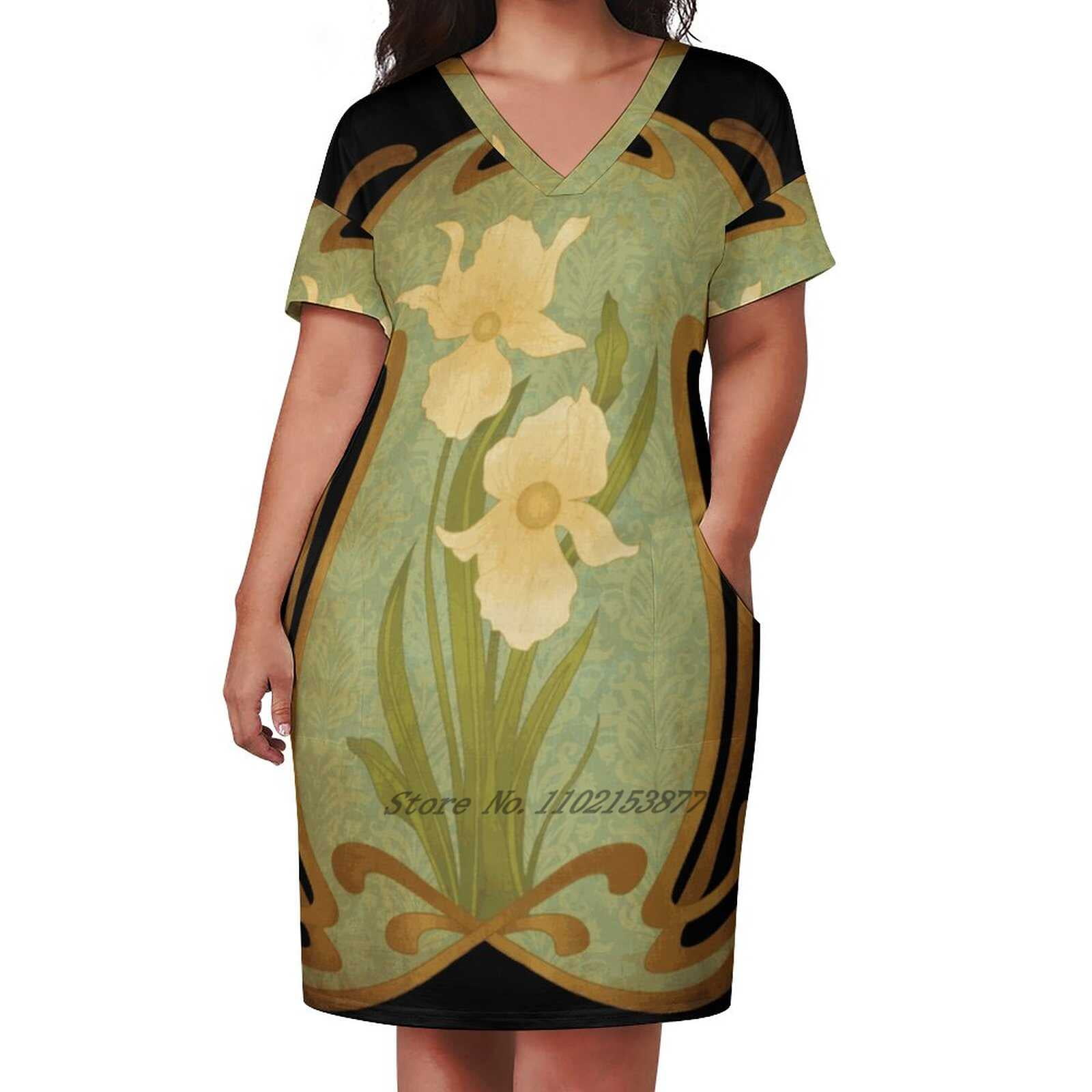 Art Nouveau Flowers Loose Pocket Dress Fashion Print Dress Short Sleeve V-Neck A-Line Dress Art ...
