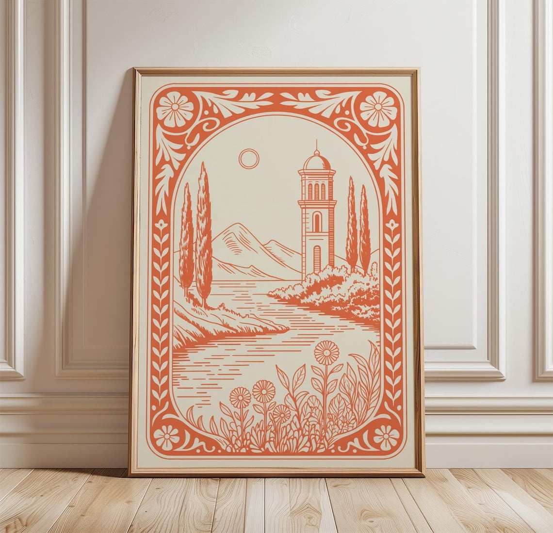 Art Nouveau Landscape Poster Orange Lake Illustration Decorative Art ...
