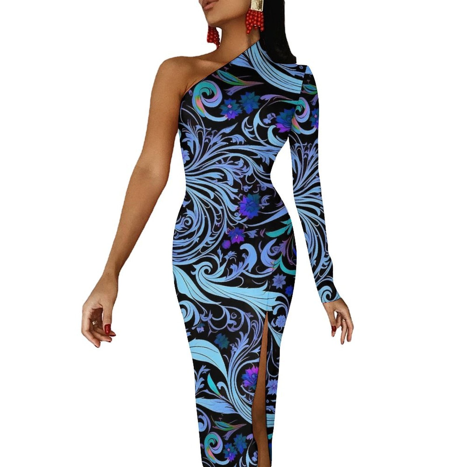 Art Nouveau Maxi Dress One Shoulder Vintage Floral Print Modern Bodycon ...