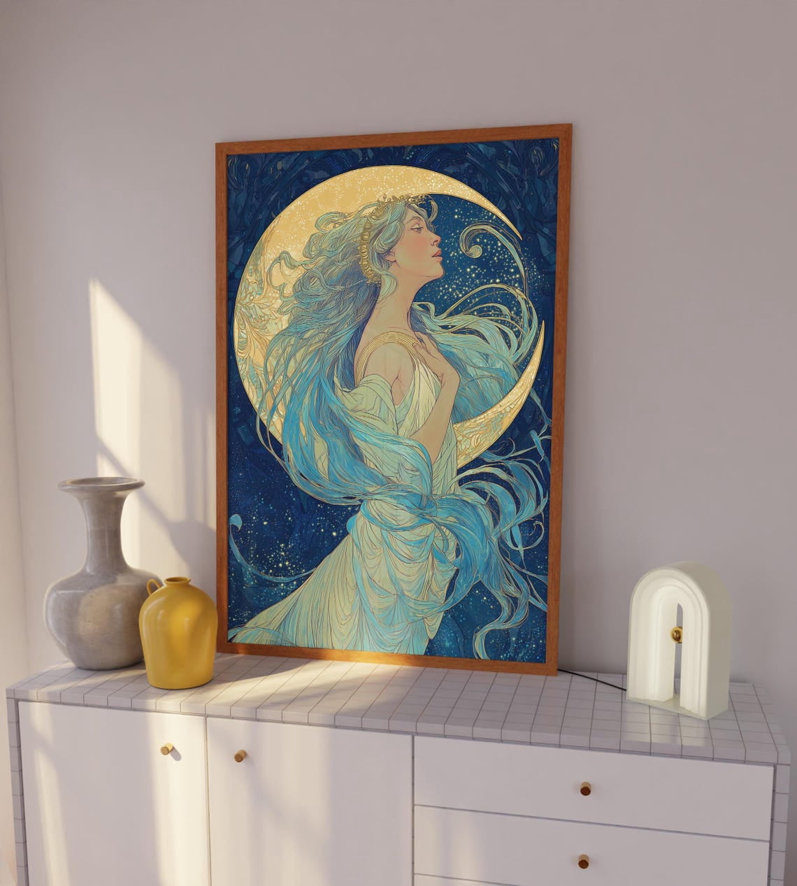 Art Nouveau Moon Goddess Art, Mystical Celestial Decor, Lunar Women Art ...