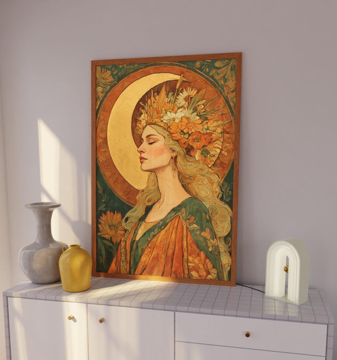 Art Nouveau Moon Goddess Wall Art, Boho Celestial Woman Portrait ...