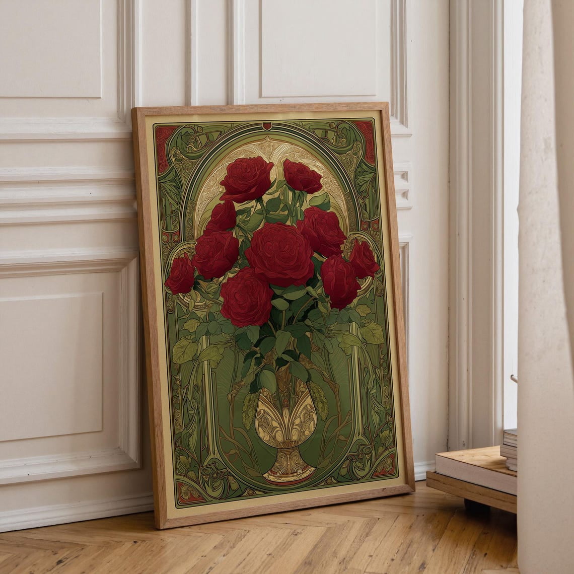 Art Nouveau Red Rose Vintage Floral Romantic Botanical Decor Antique ...