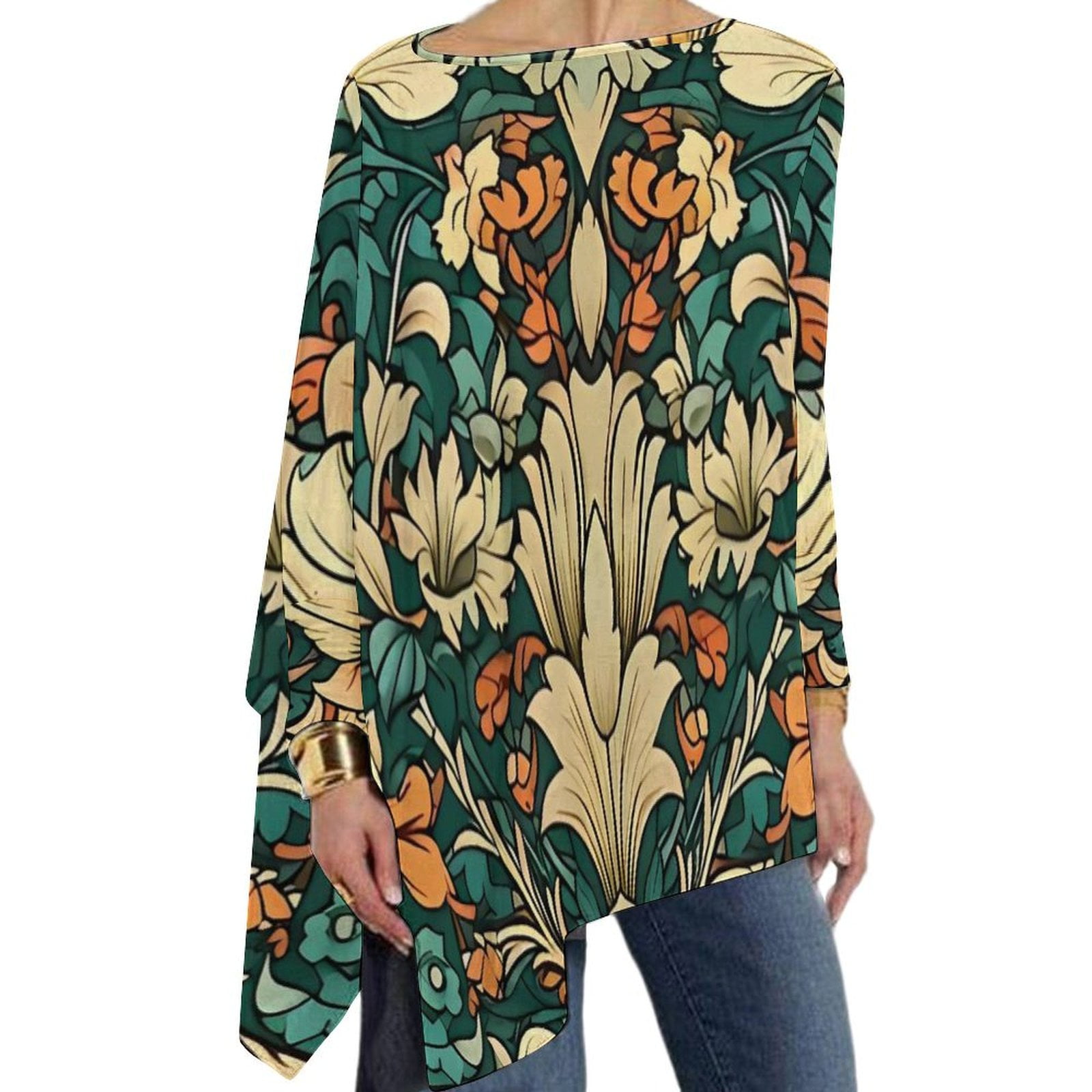 Art Nouveau T-Shirt Retro Floral Print Pretty Long Sleeve T-Shirts ...