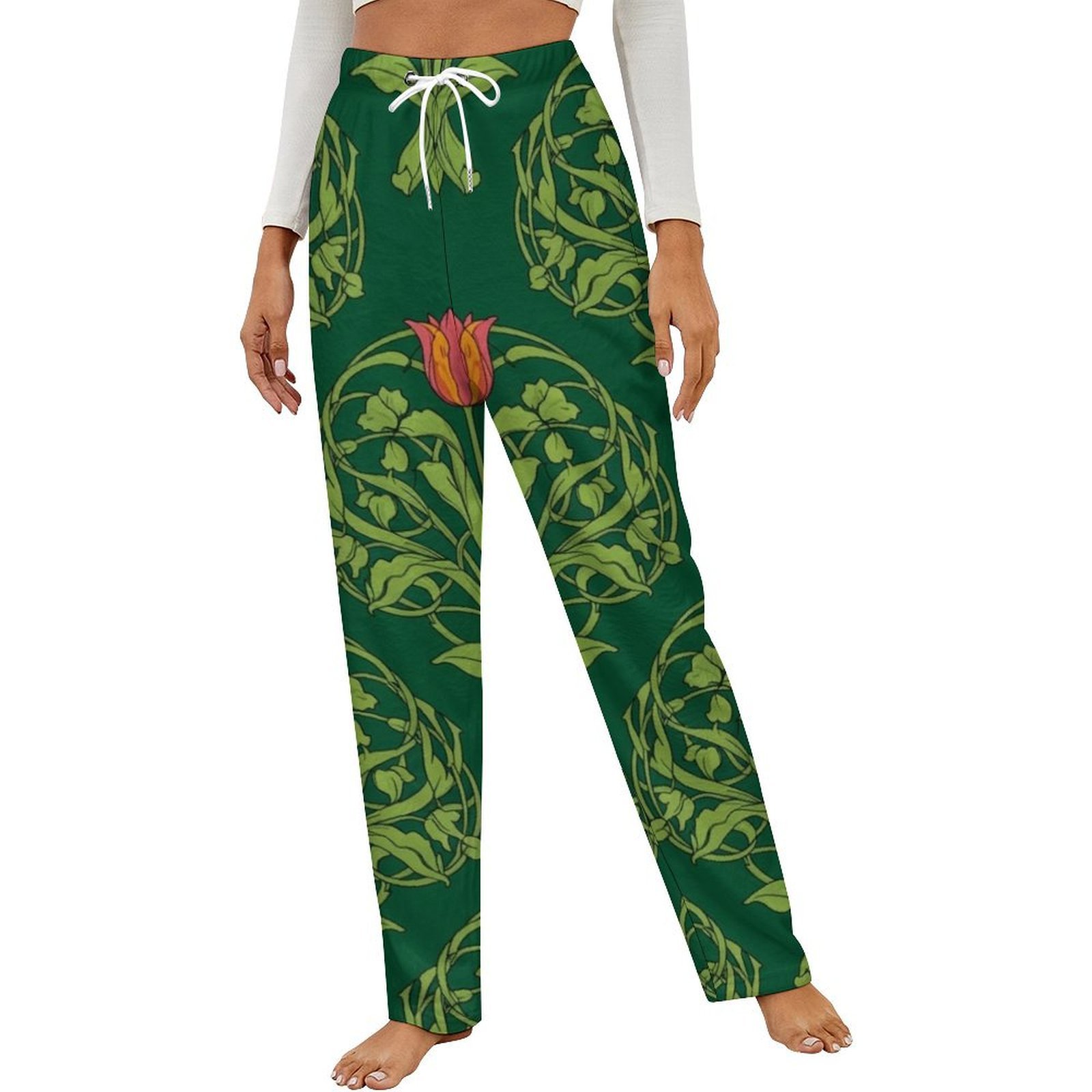 Art Nouveau Tulip Pattern Winter Female Pants Flannel High Waist Women ...
