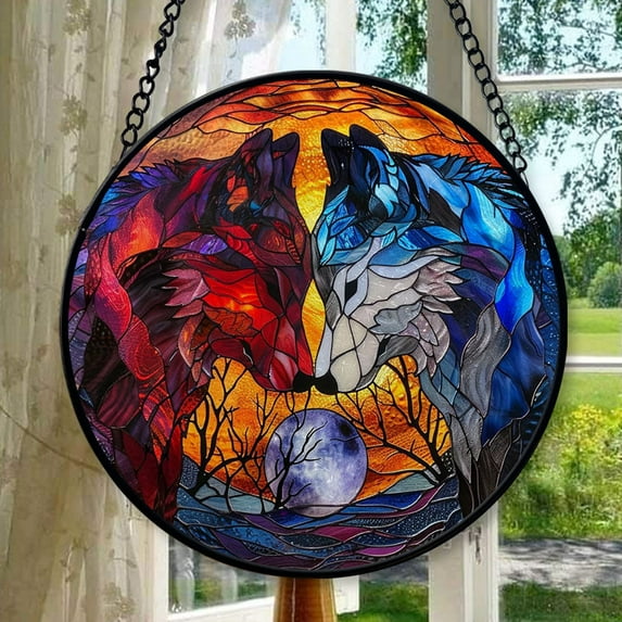 Art Nouveau Wolf Couple 4 Stained Glass Window Hanging, Christmas ...