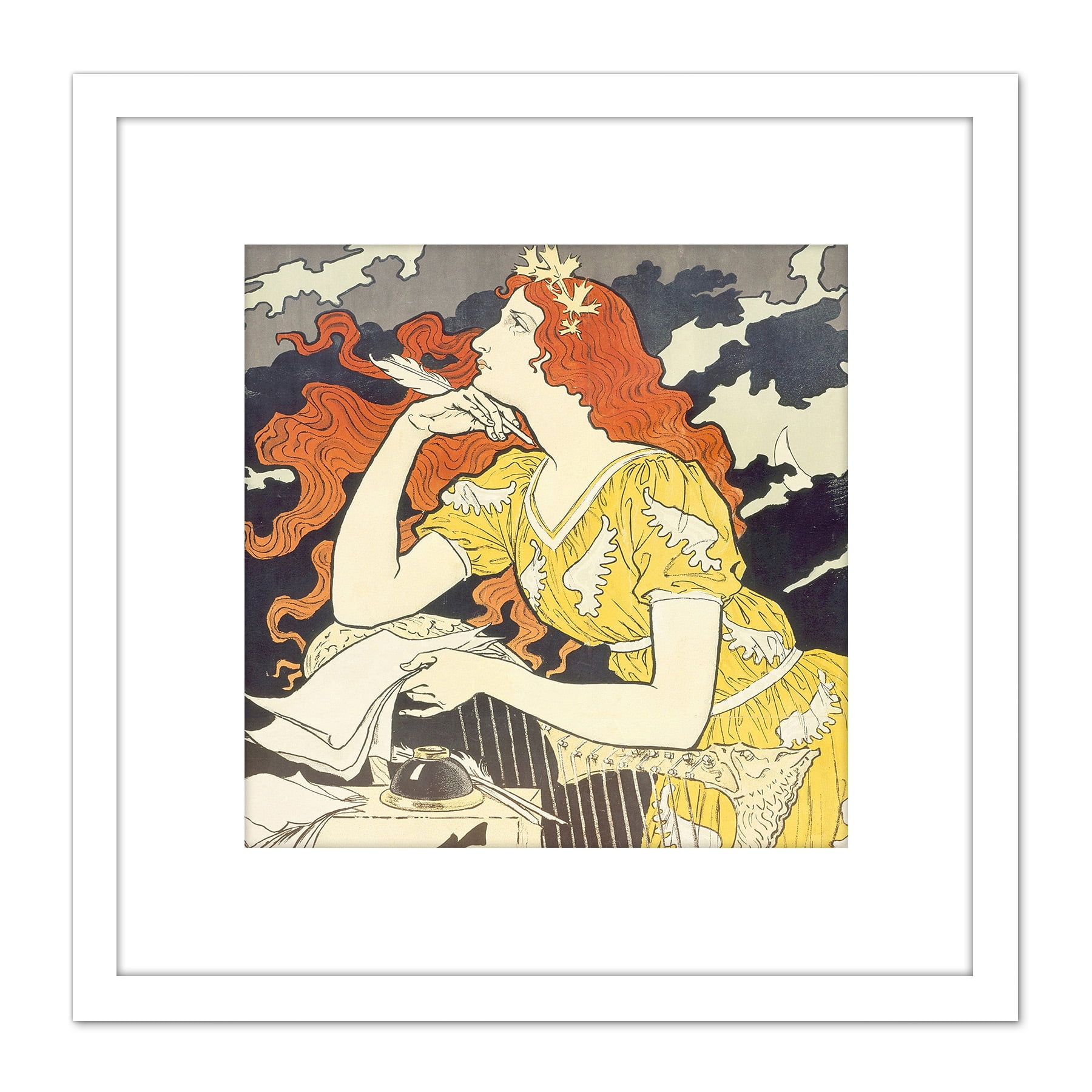 Art Nouveau Writer Woman 8X8 Inch Square Wooden Framed Wall Art Print ...