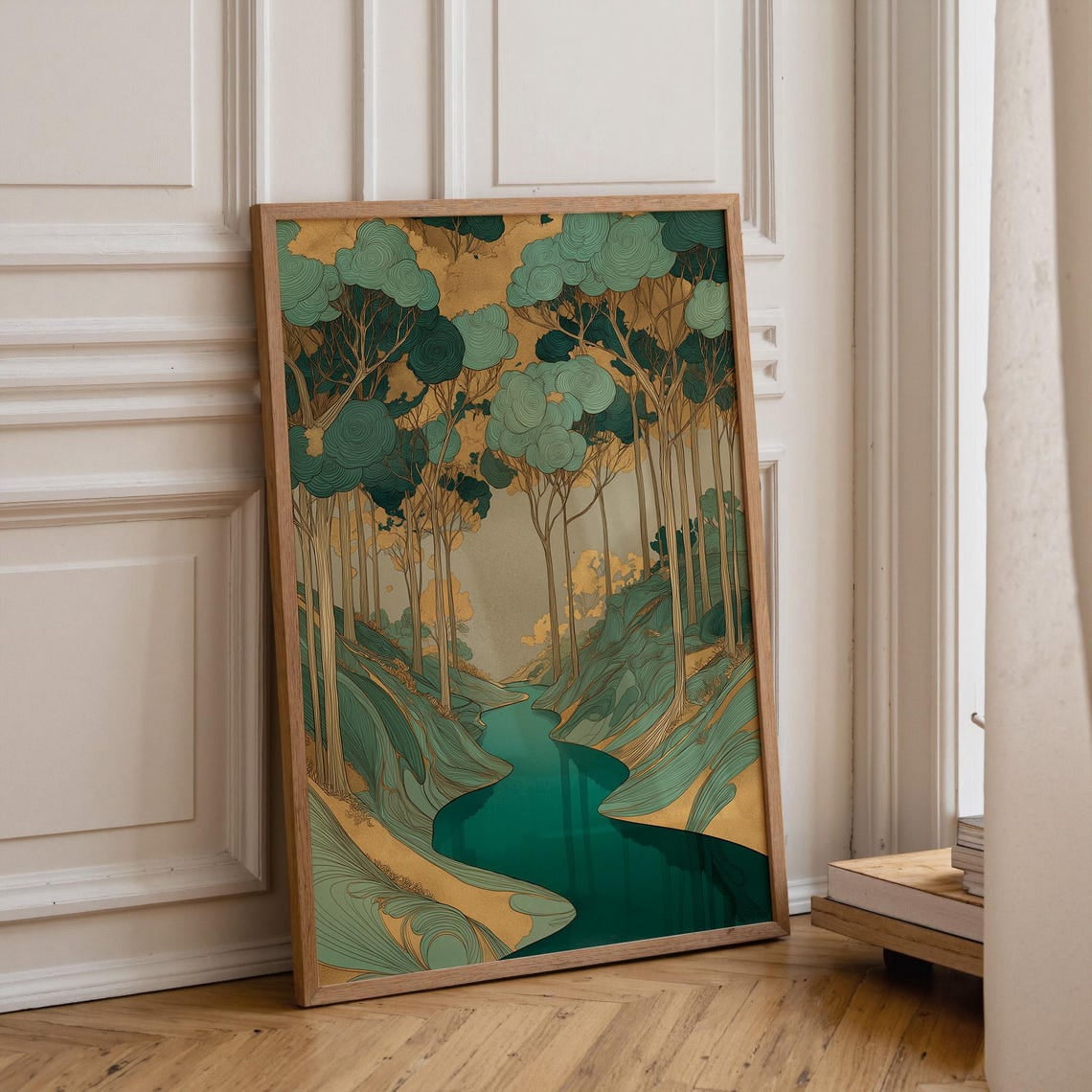 Art Nouveauest Wall Art Green Gold Landscape Mystical Woodland Decor ...