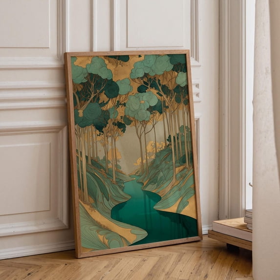 Art Nouveauest Wall Art Green Gold Landscape Mystical Woodland Decor ...