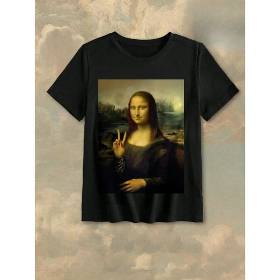 Art Parody - Themed Graphic Tee, Tops Has Mona Lisa (Peace Sign) Design ...