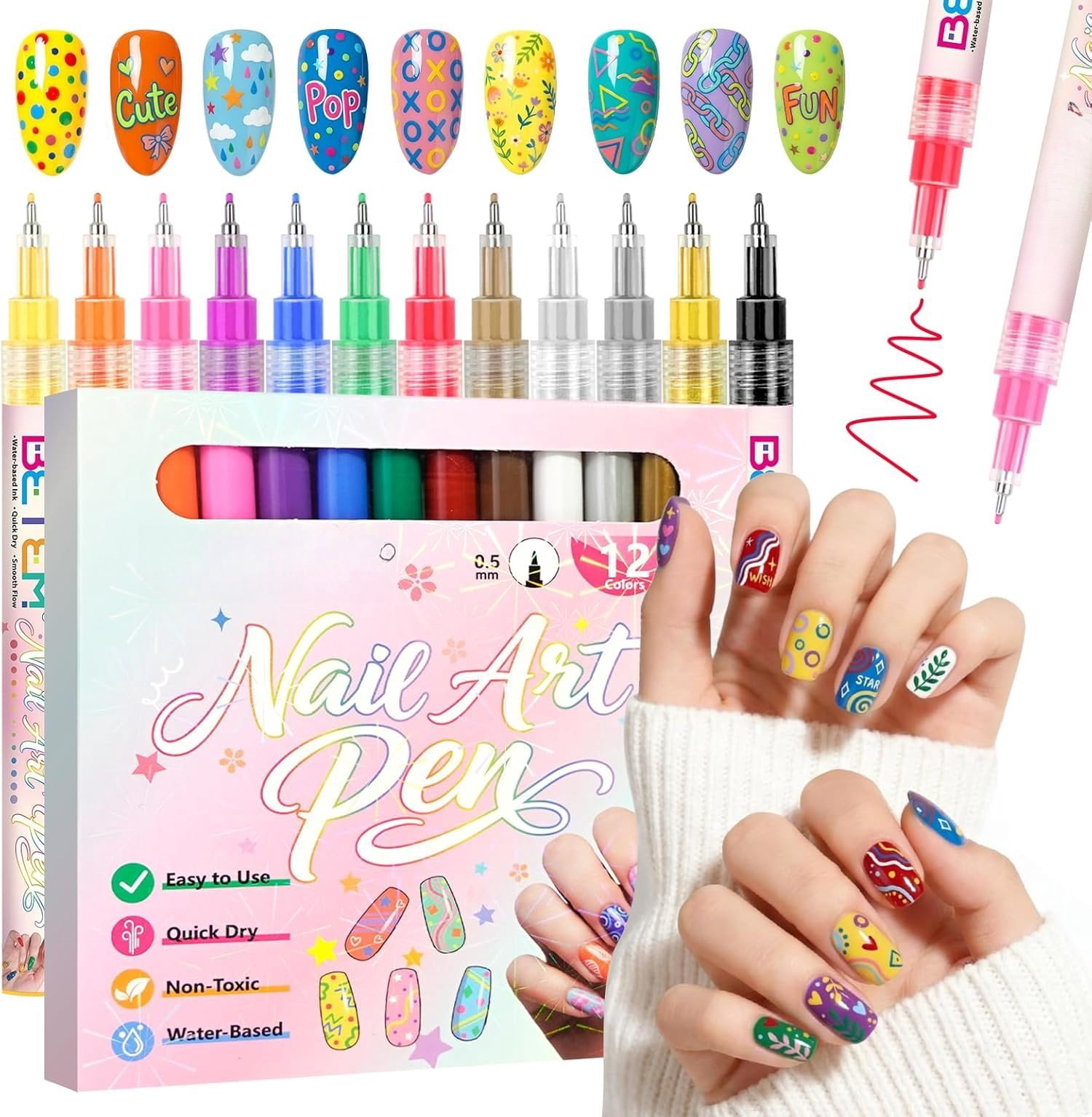 Art Pens Set, Fine Tip 12 Colors Nails Art Markers Non-, Quick-drying ...