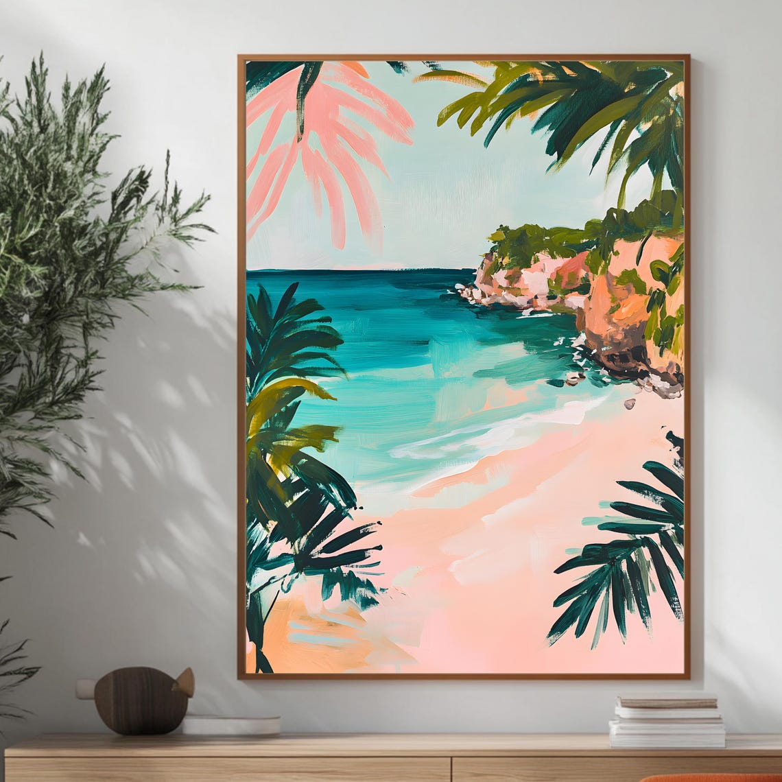 Art Pink Beach Sea With Palm Trees Dream Maximalist Art Eclectic Boho ...