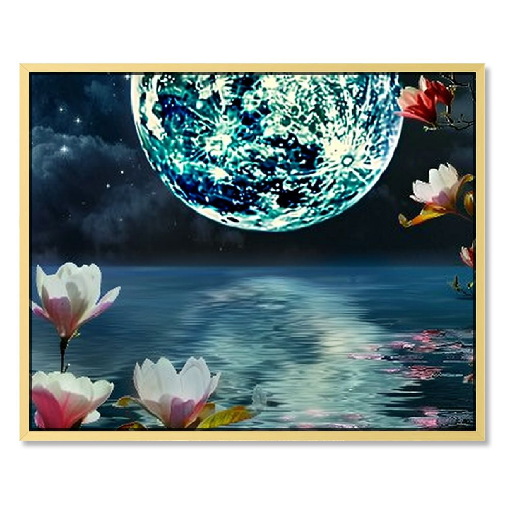 Art Pink Magnolia Flower Wall Art Full Moon Over Sea Picture Canvas ...