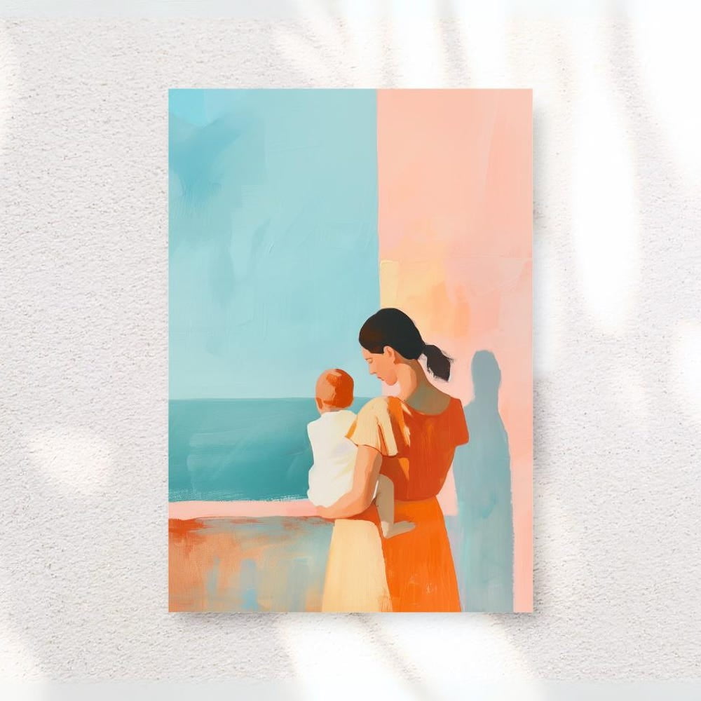Art Print Of Mother And Child - Wall Art - Sea View Pastel - Cute Gift ...