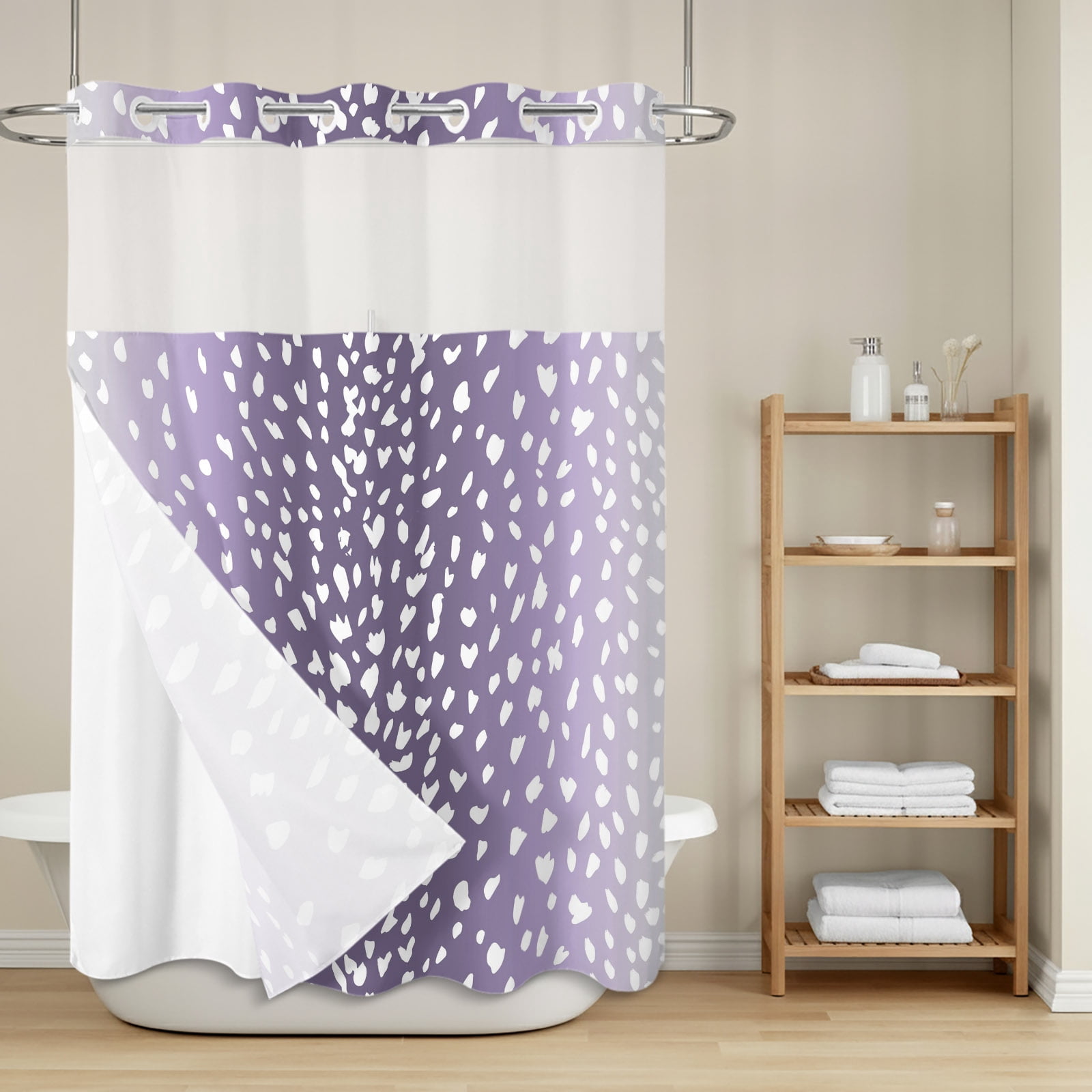 Art Purple No Hook Shower Curtain with Snap in Liner, White Polka Dots ...