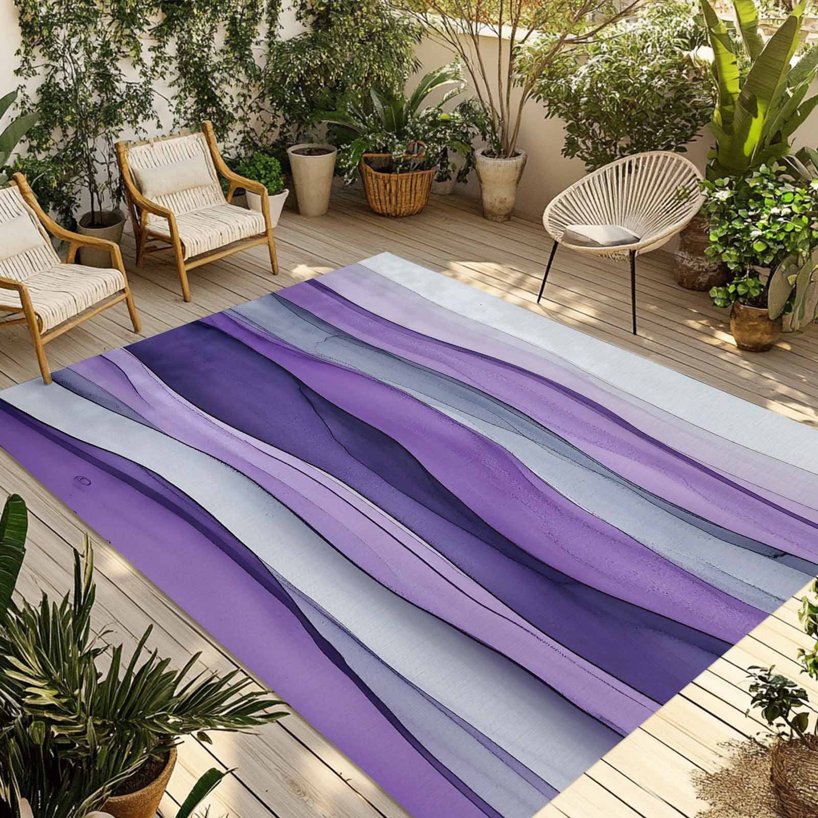 Art Purple Wave Outdoor Rug, Watercolor Abstract Non-Slip Area Rugs ...