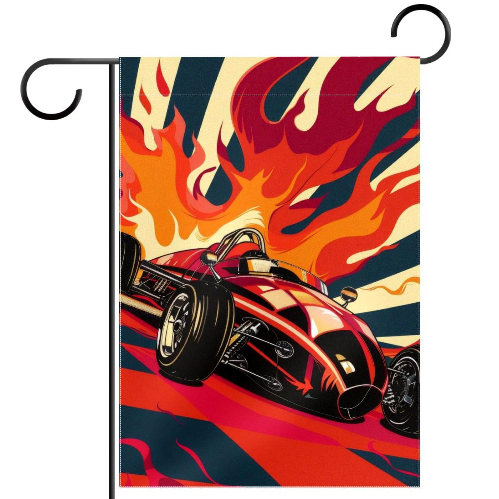 Art Race Car with Finish Line Flags Pilot and Flames Welcome Garden ...