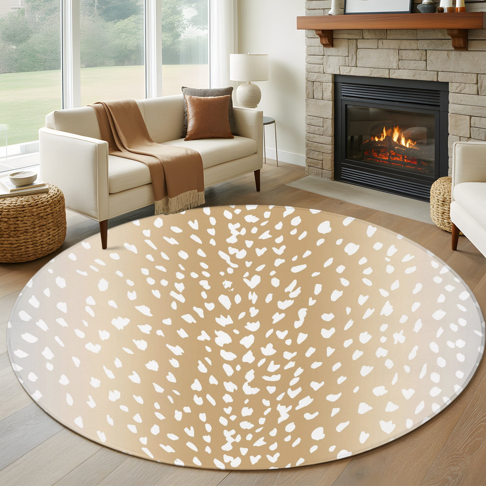 Art Sand Beige 6FT Round Area Rugs for Living Room Vintage White Polka ...