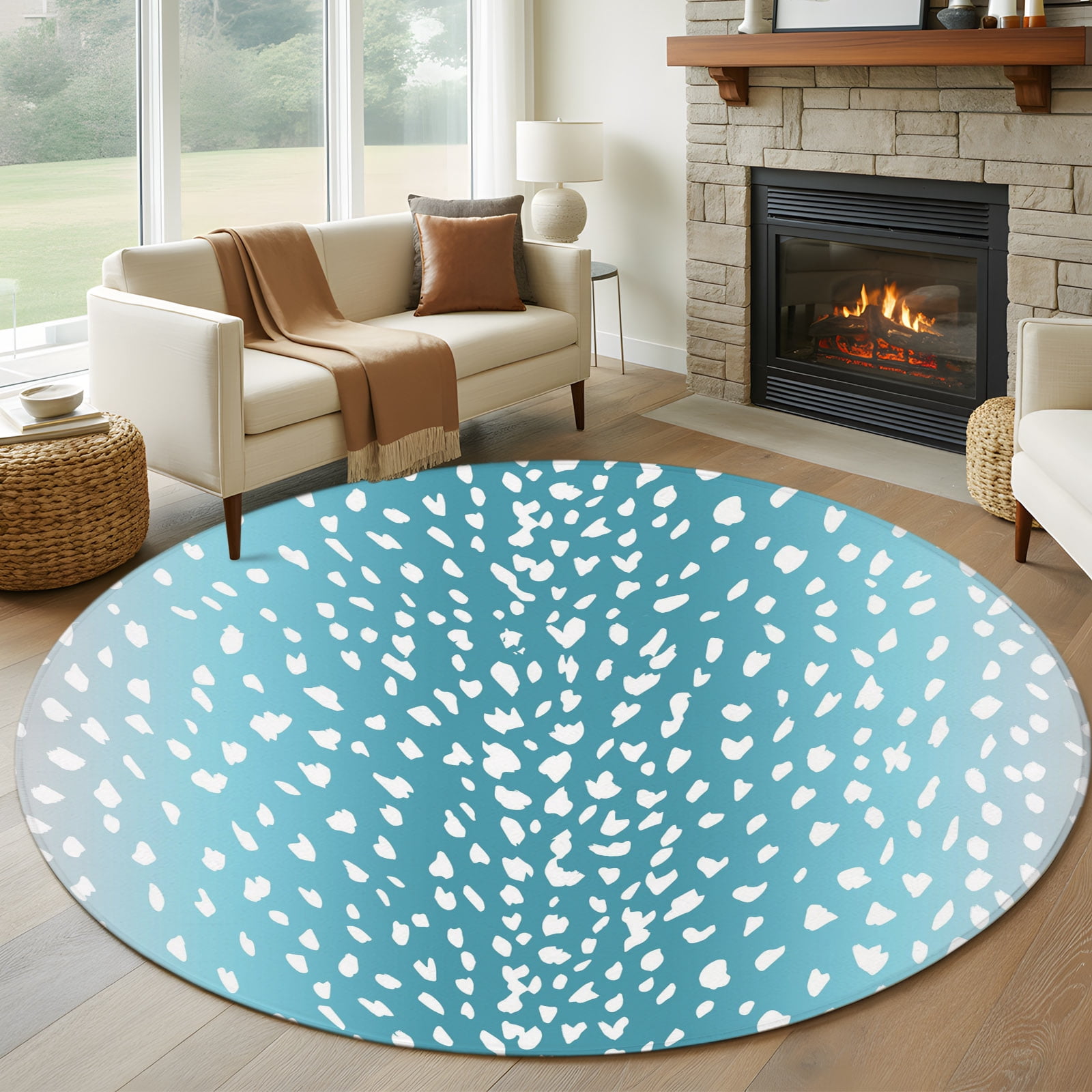 Art Sky Blue 7FT Round Area Rugs for Living Room Vintage White Polka ...