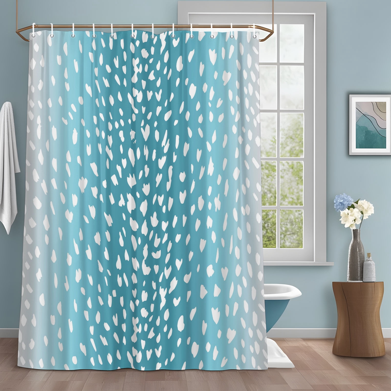 Art Sky Blue Shower Curtain Set with Hooks, Vintage White Polka Dots ...