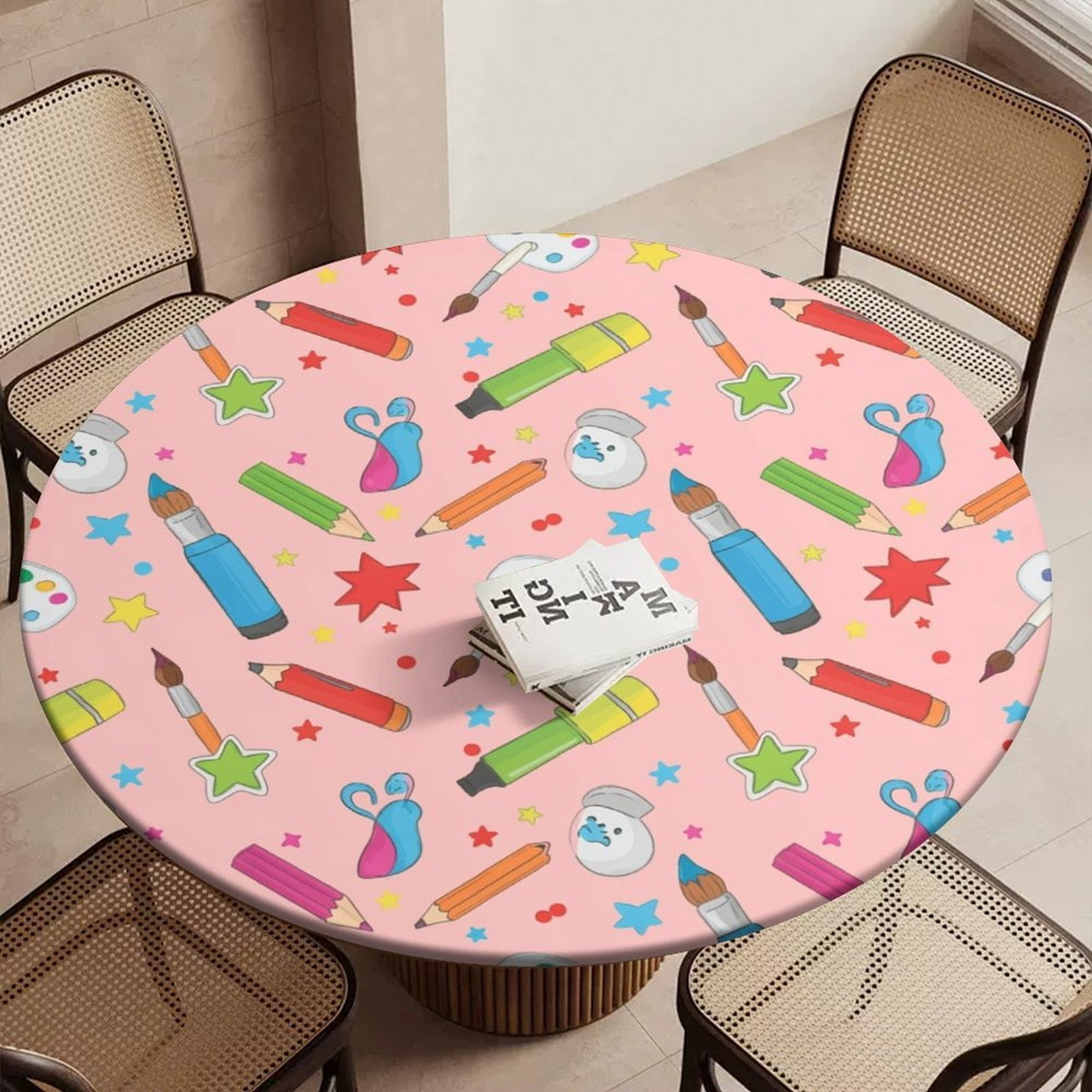 Art Supplies Pattern Print Round Table Cover Kitchen Printed Waterproof ...
