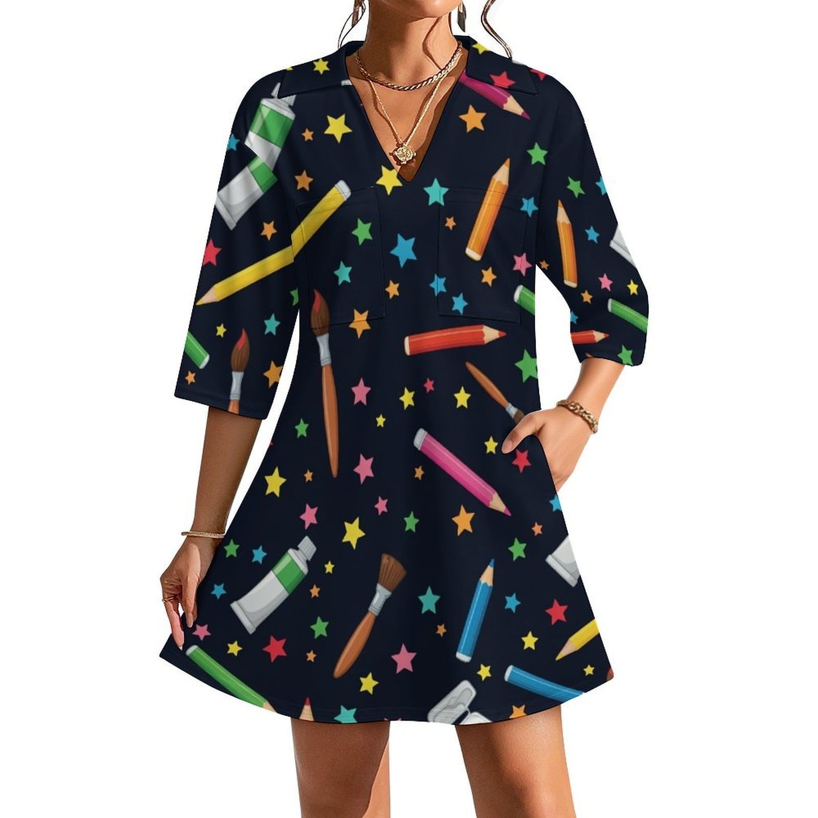 Art Supplies Star Pattern Womens Dress With Pockets Summer V Neck 3/4 ...