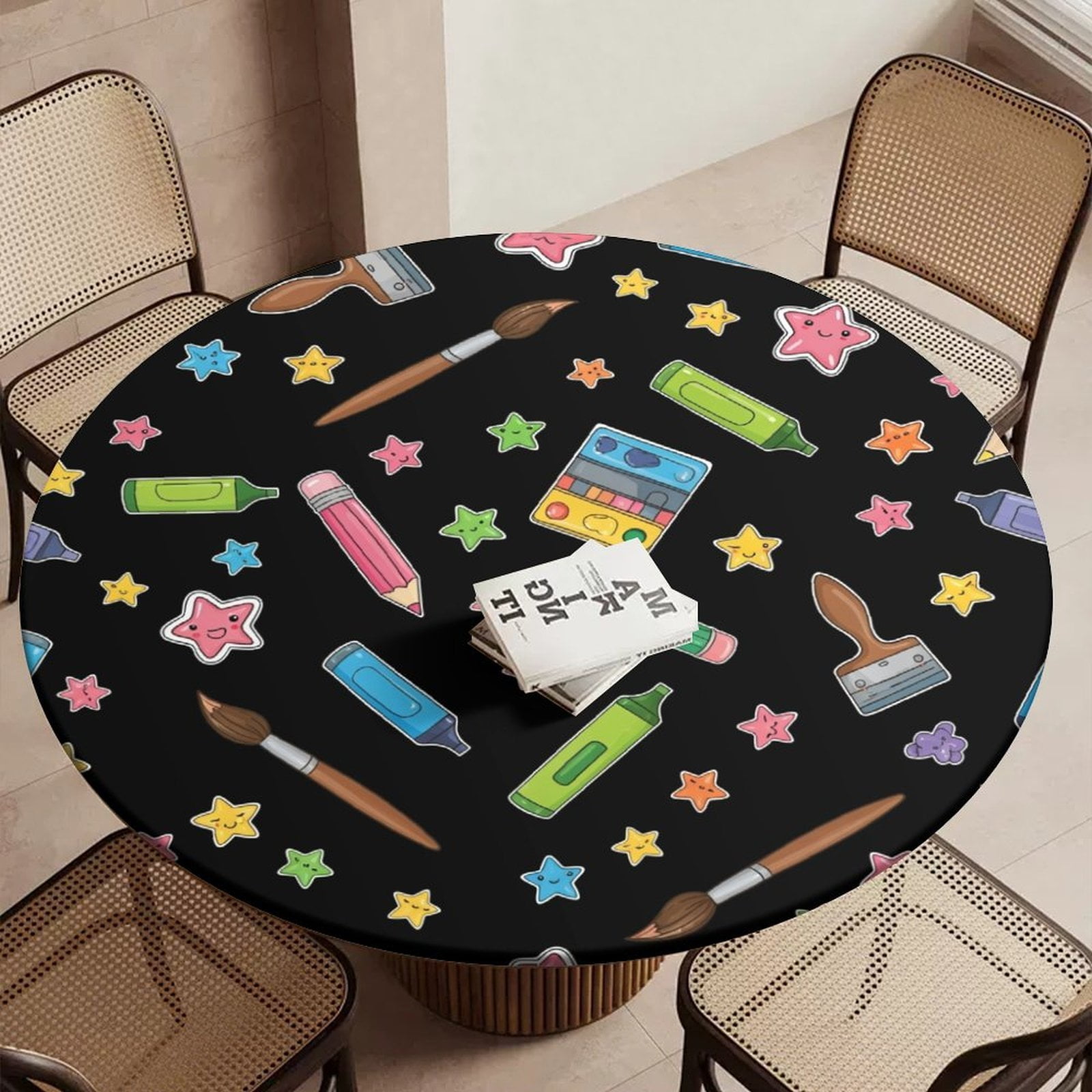 Art Supplies Stars Pattern Round Table Cover Kitchen Printed Waterproof ...