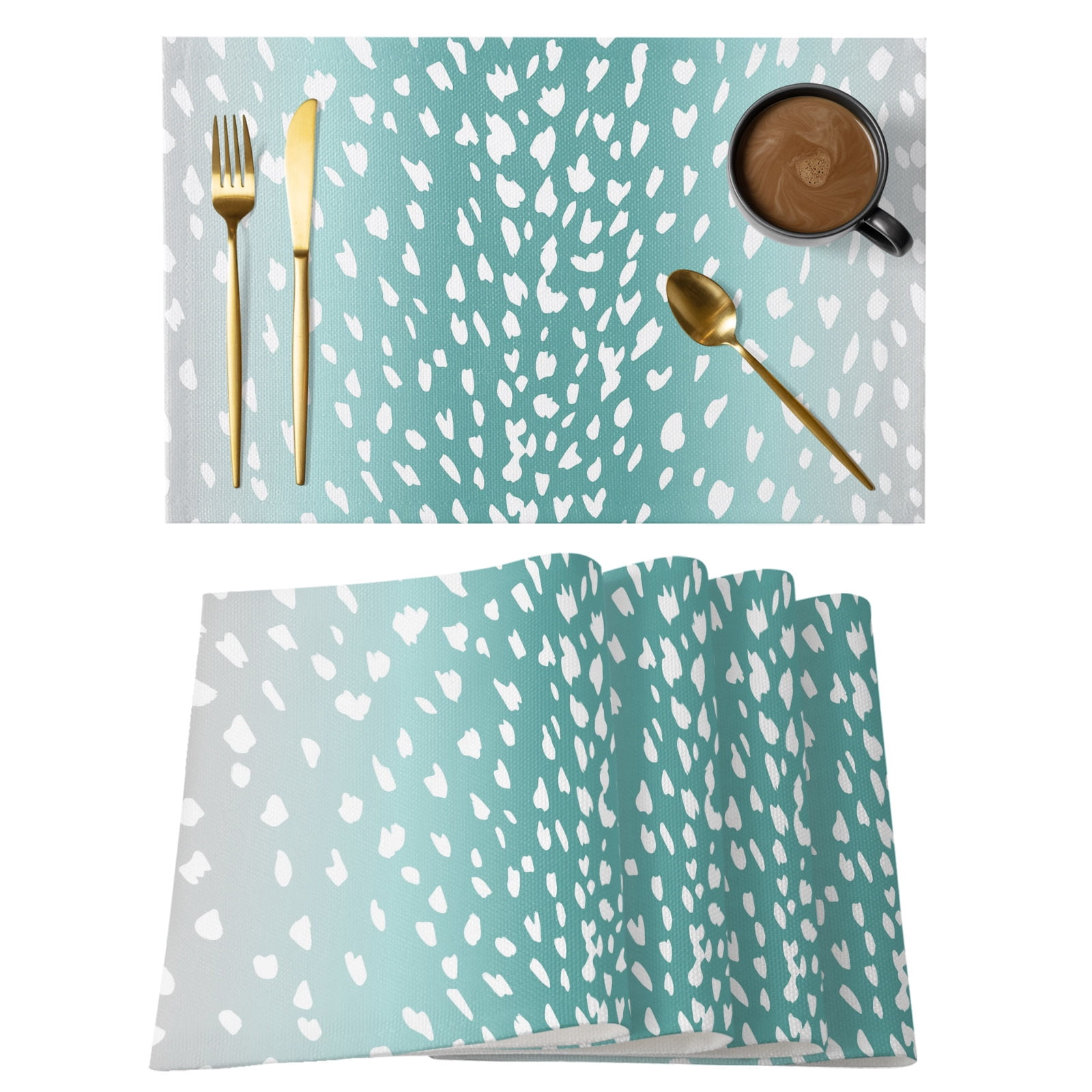 Art Teal Cotton Linen Placemats Set of 1, Vintage White Polka Dots Mint ...