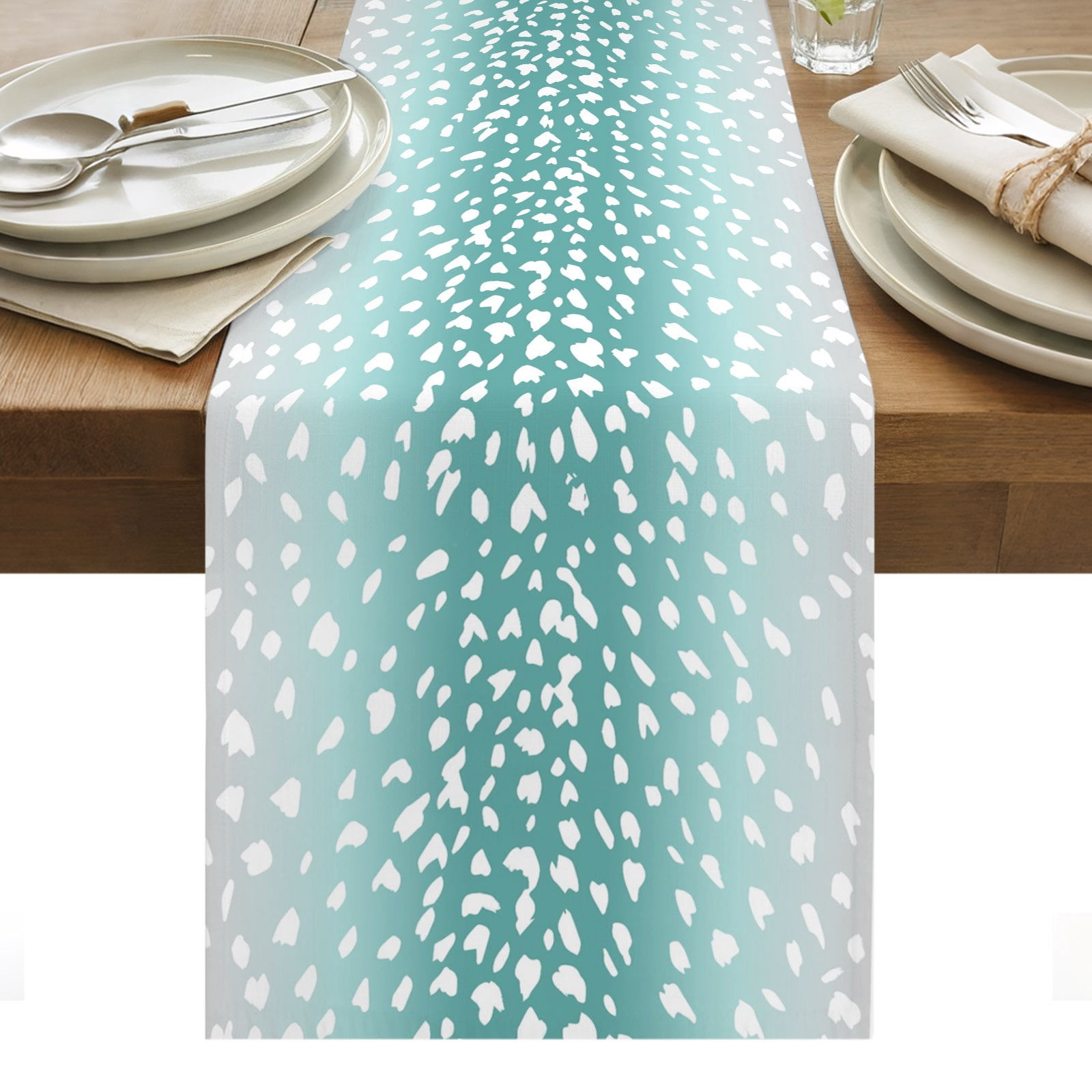 Art Teal Cotton Linen Table Runner Vintage White Polka Dots Mint Green ...