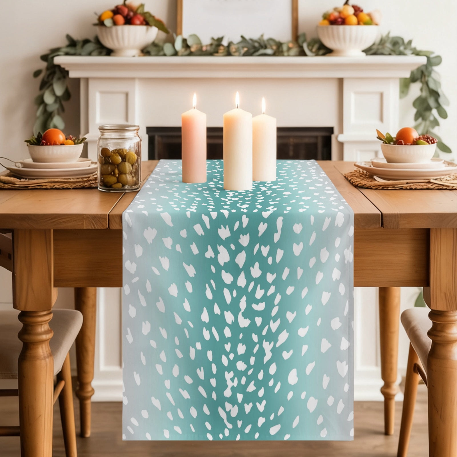 Art Teal Dining Table Runner, Vintage White Polka Dots Mint Green Ombre ...