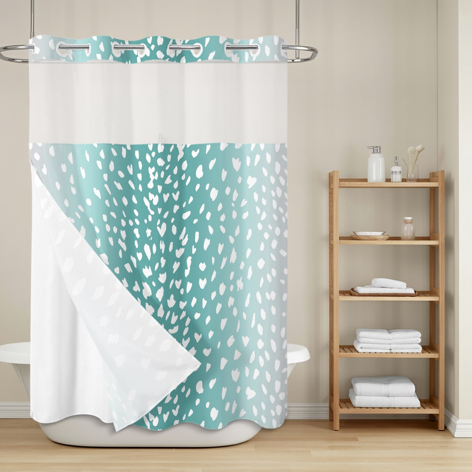 Art Teal No Hook Shower Curtain with Snap in Liner, Vintage White Polka ...
