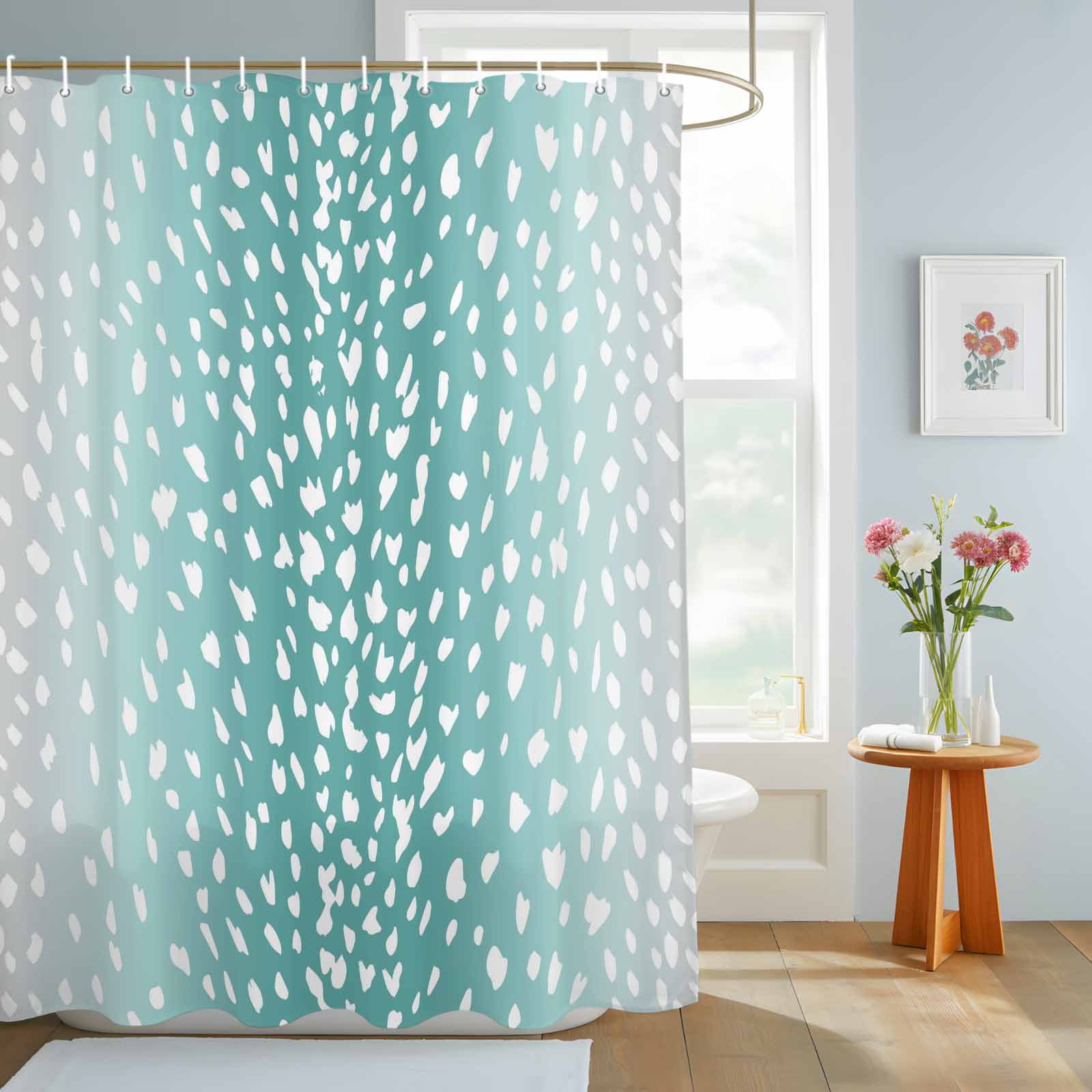 Art Teal Shower Curtain, Vintage White Polka Dots Mint Green Ombre ...