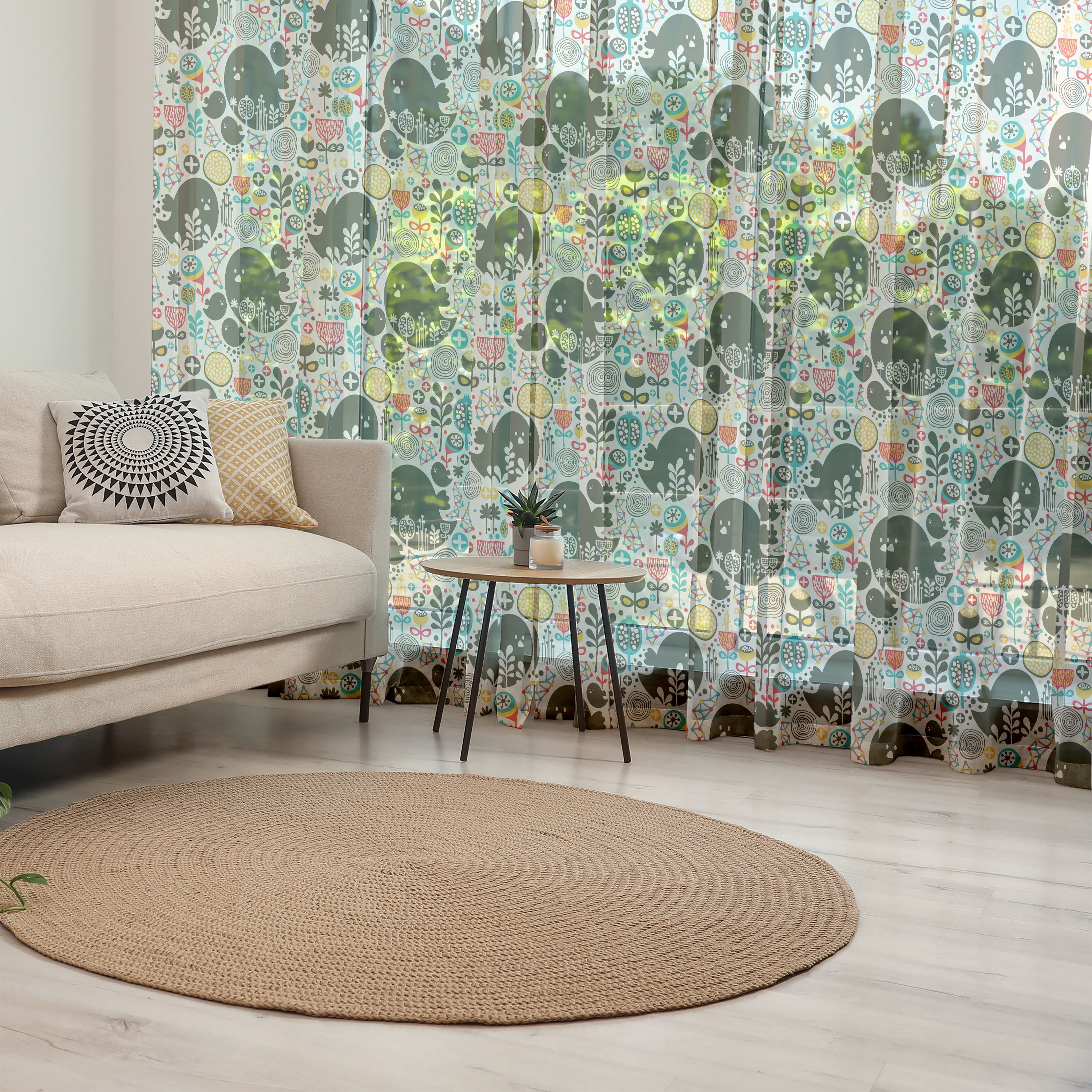 Art Tulle Curtains with Rod Pocket, Pattern with Birds Flowers and ...