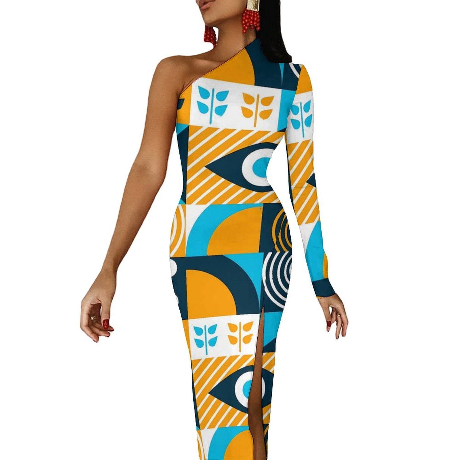 Art Vintage Geometric Bodycon Dress Summer Turquoise Scales Retro High ...