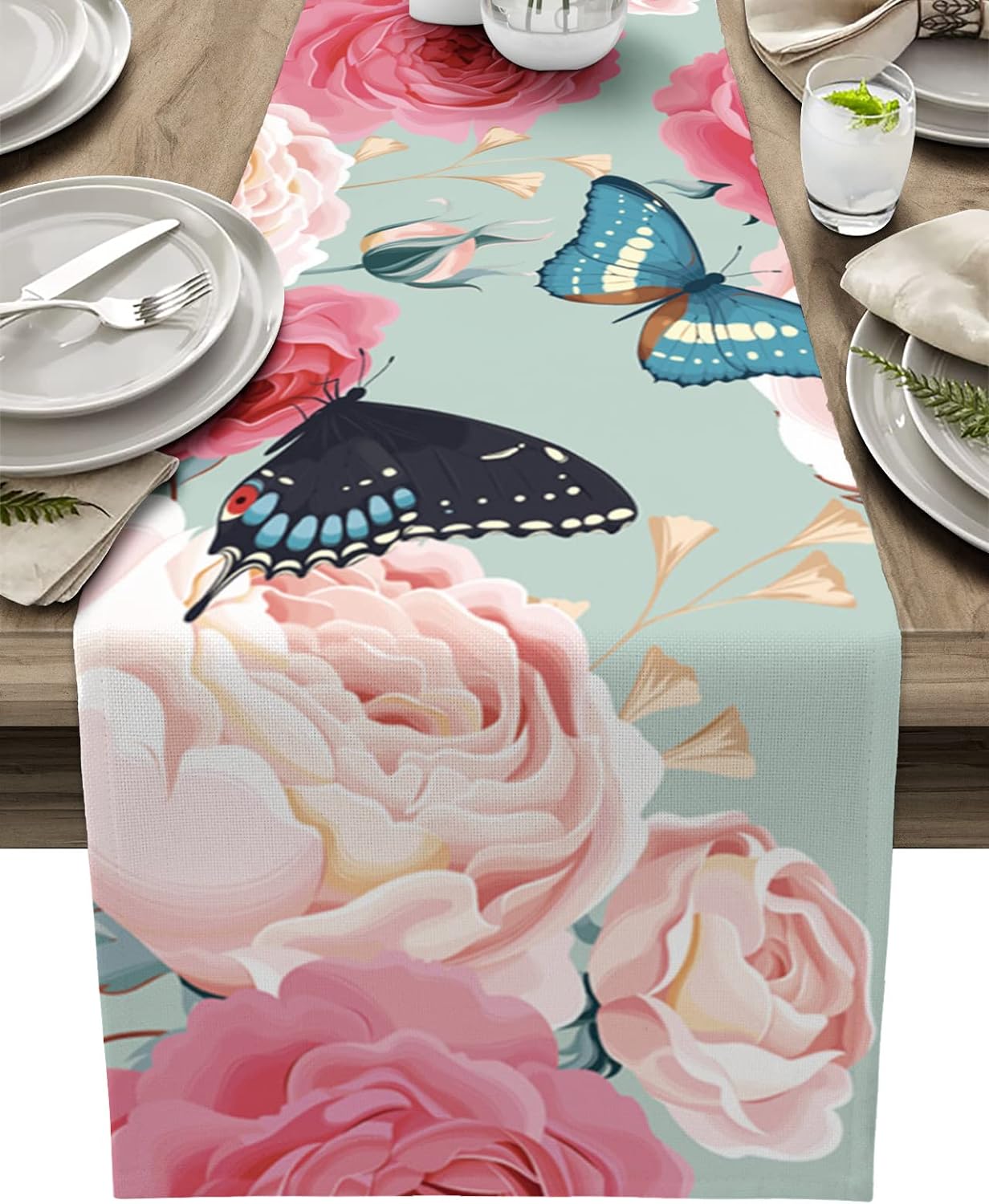 Art Watercolor Pink Rose Flower Blue Butterfly Linen Table Runner ...