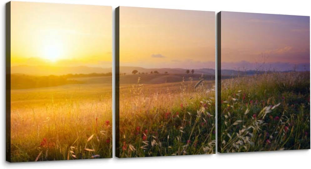 Art abstract art rural landscape autumn sunny meadow 3 Piece Canvas ...