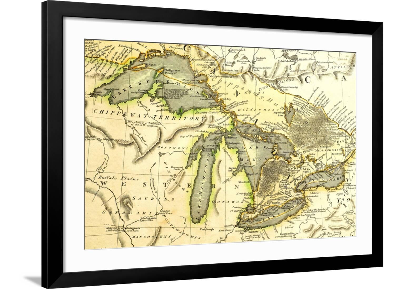 Art.com 1795 Map Of The Great Lakes Art Print by Tektite, Black Frame ...