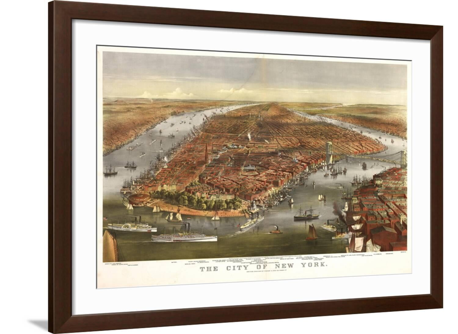 Art.com 1870 NYC Map Art Print by N. Harbick, Brown Frame Wall Art, 44 ...
