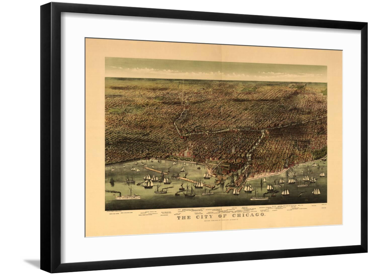 Art.com 1892 Chicago Map Art Print by N. Harbick, Black Frame Wall Art ...