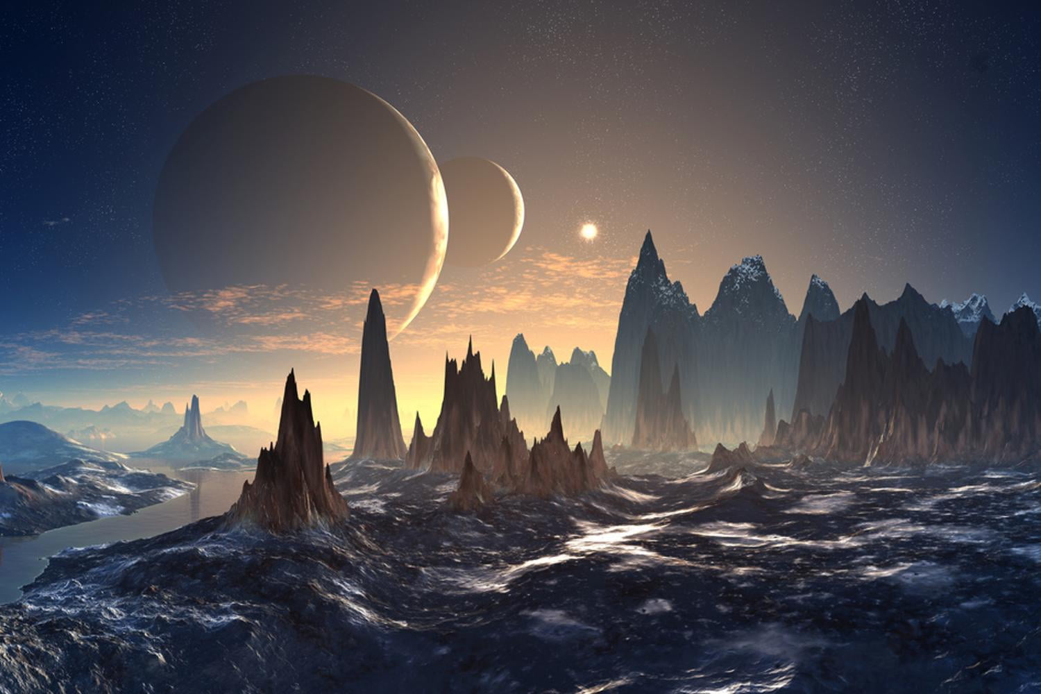 Art.com Alien Planet with Two Moons Art Print by diversepixel, 24" x 16 ...