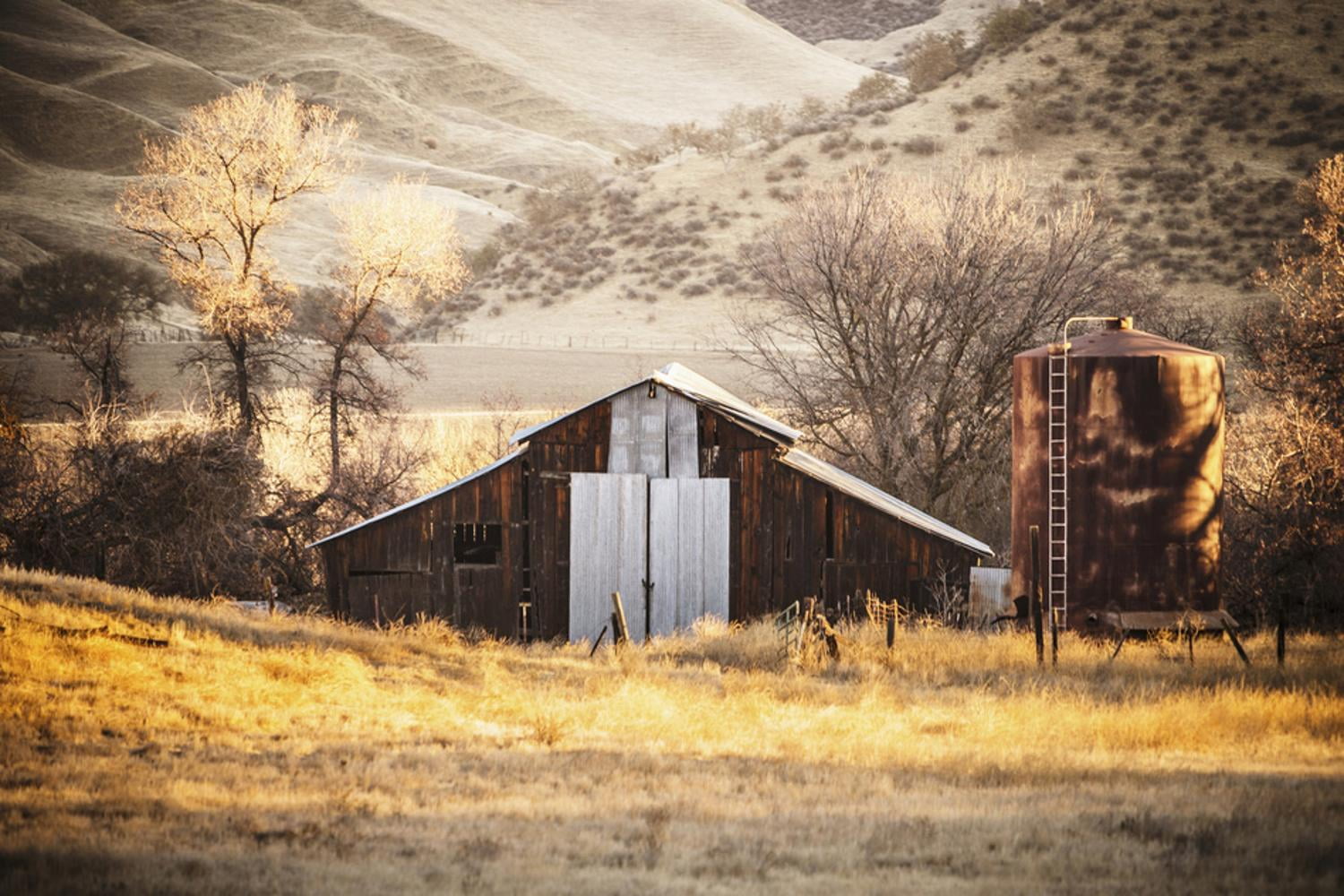 Art.com An Old Barn And Water Tank In The Early Morning Light Along ...