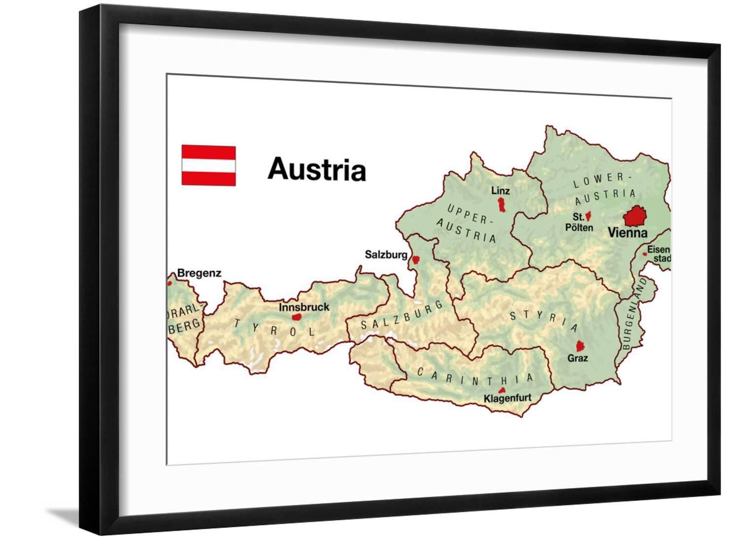 Art.com Austria Map Art Print by Peter Hermes Furian, Black Frame Wall ...