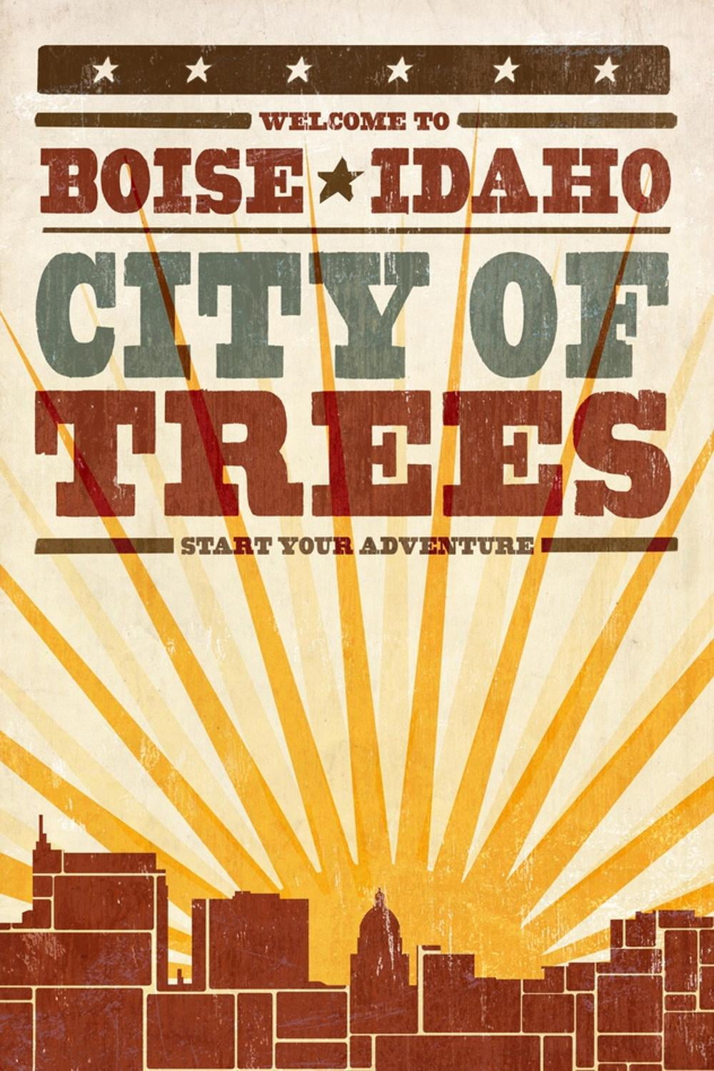 Art.com Boise, Idaho - Skyline and Sunburst Screenprint Style Art Print ...