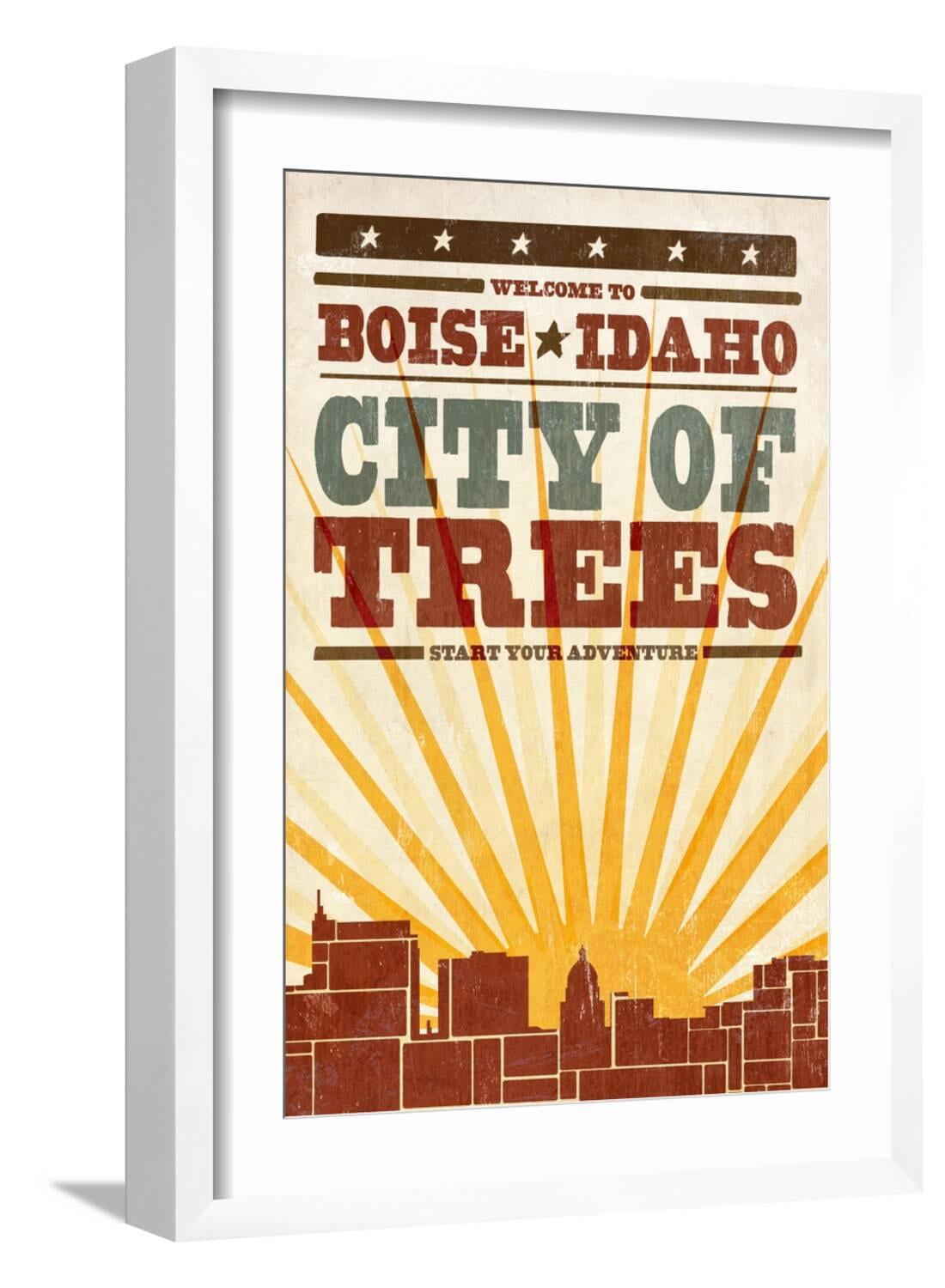 Art.com Boise, Idaho - Skyline and Sunburst Screenprint Style Art Print ...