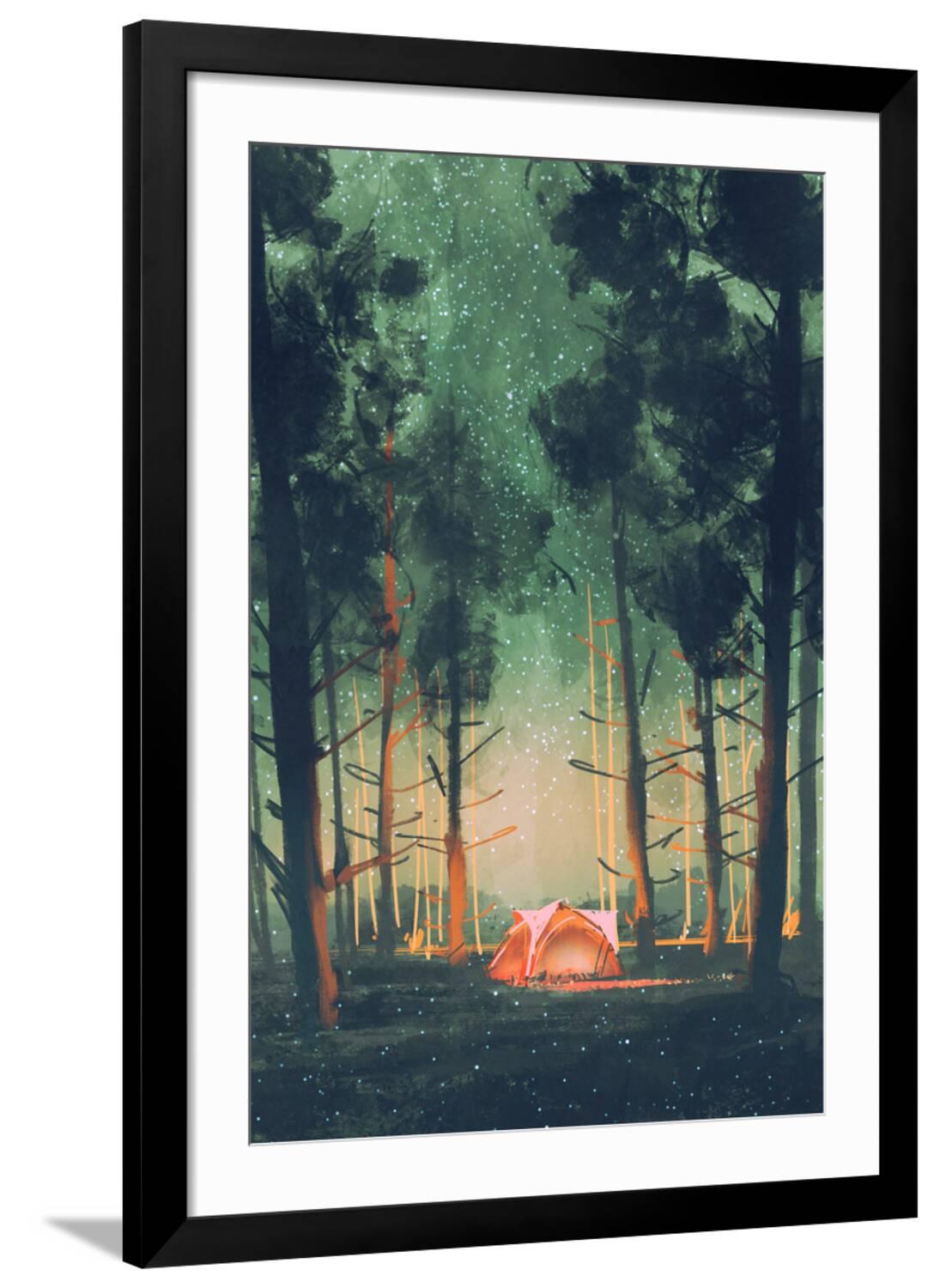 Art.com Camping in Forest at Night with Stars and Fireflies ...