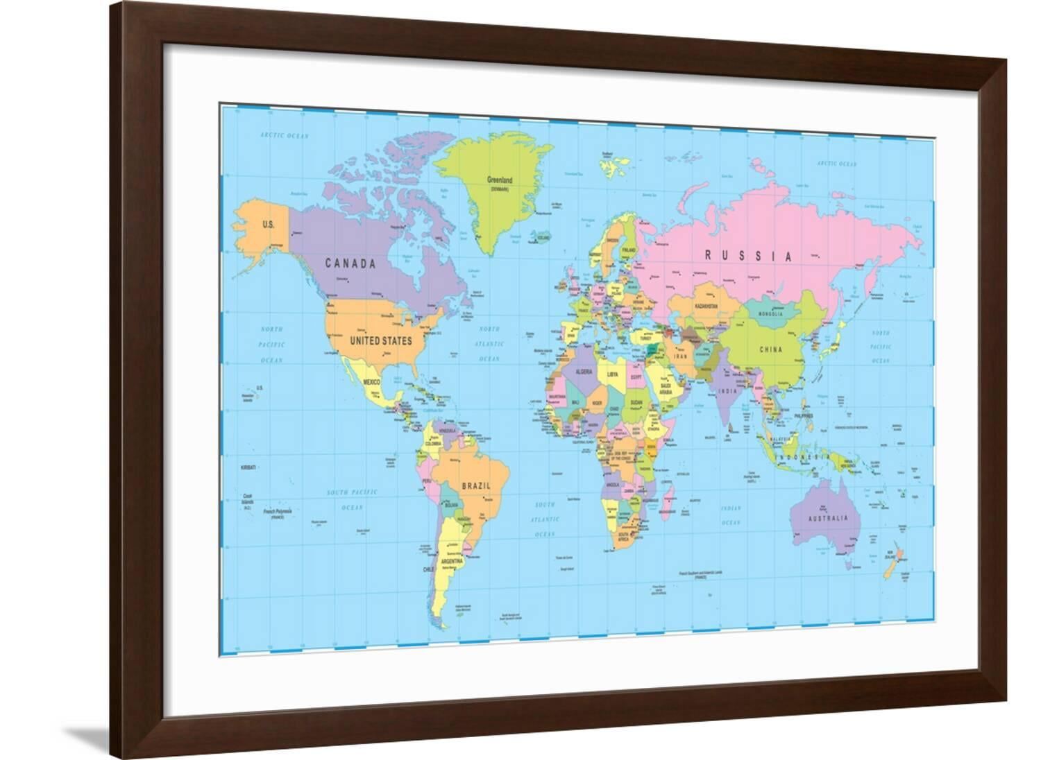 Art.com Colored World Map - Borders, Countries and Cities ...